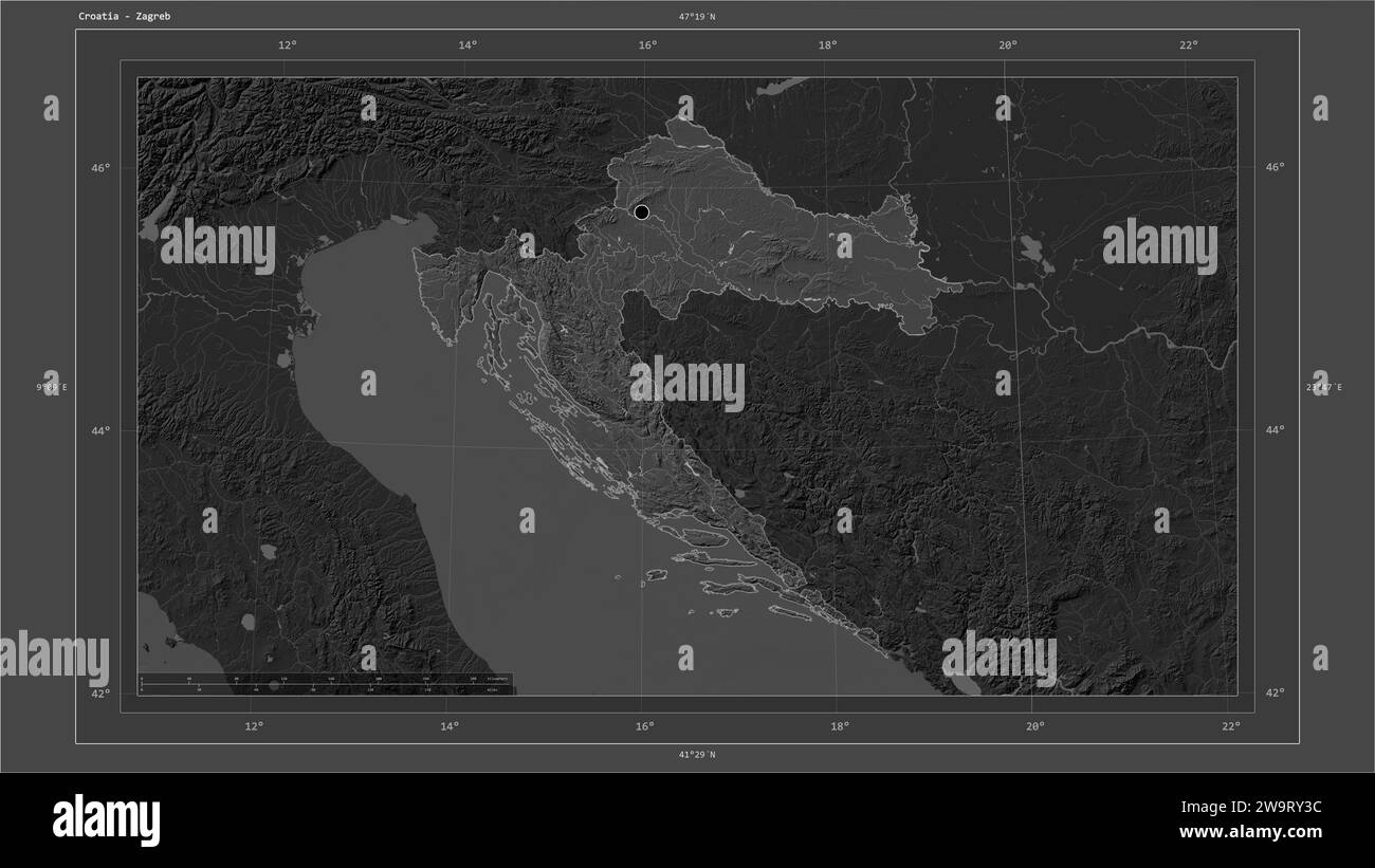 Croatia highlighted on a Bilevel elevation map with lakes and rivers ...
