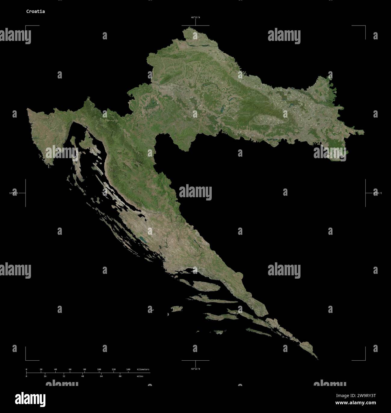 Shape of a high resolution satellite map of the Croatia, with distance ...