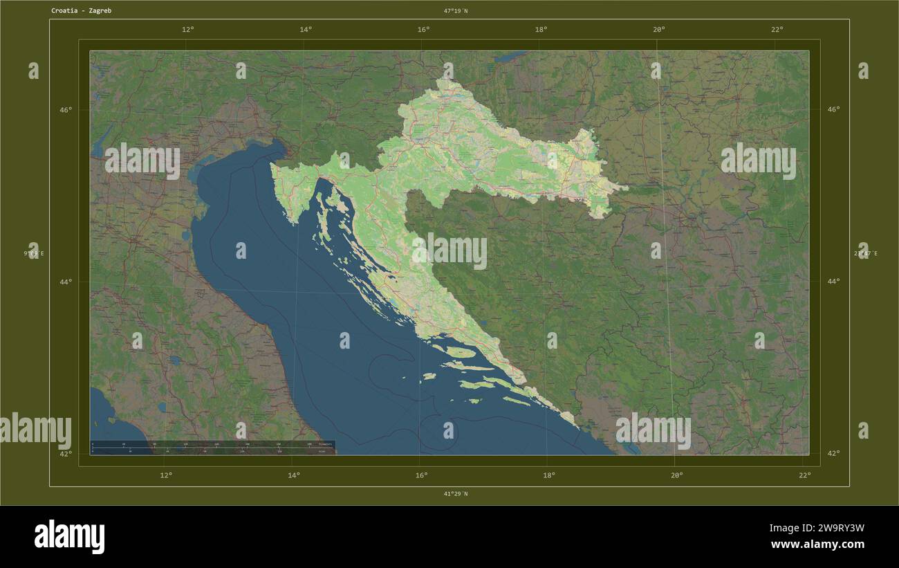 Croatia highlighted on a topographic, OSM standard style map map with ...