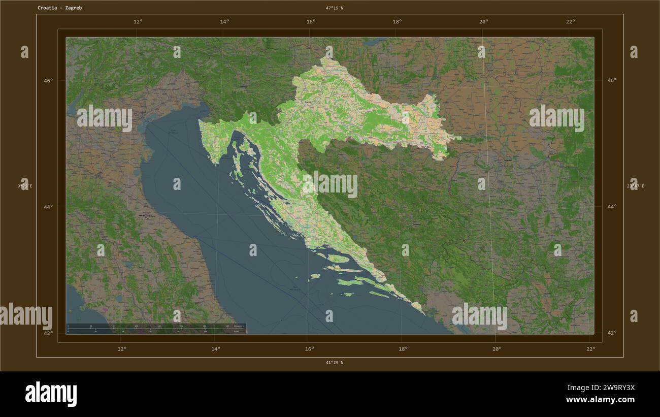 Croatia highlighted on a topographic, OSM France style map map with the ...