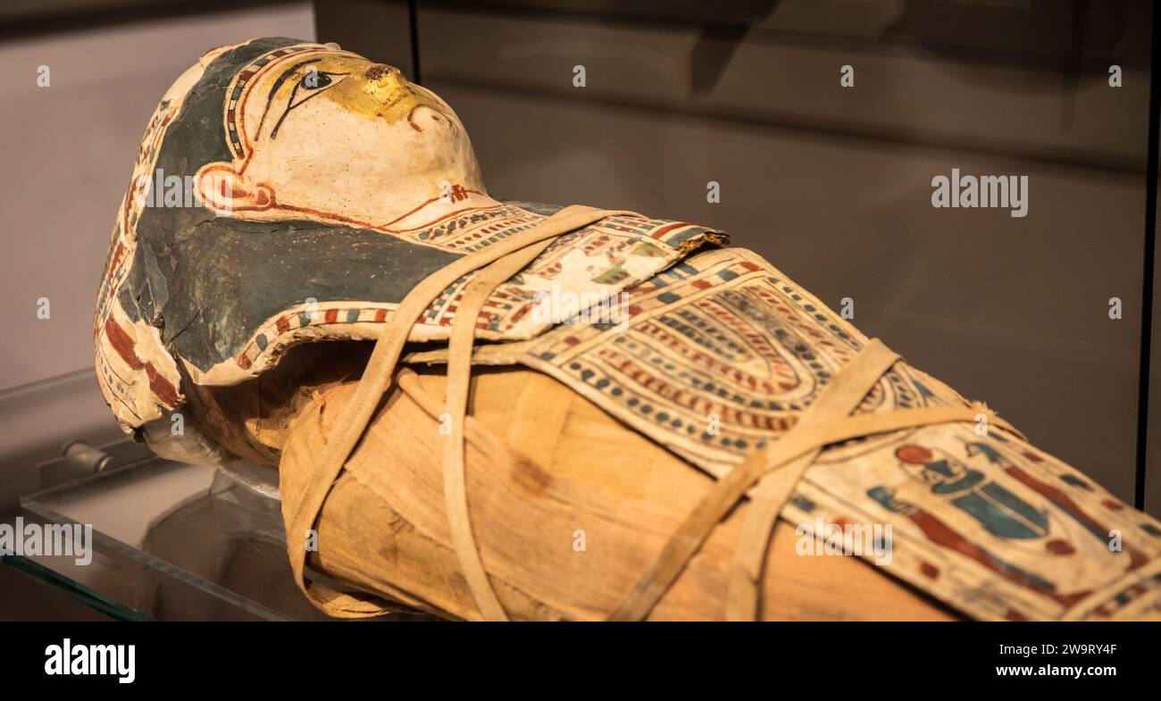 Turin, Italy - March 2023: Egyptian Museum, mummy of a baby with a mask ...