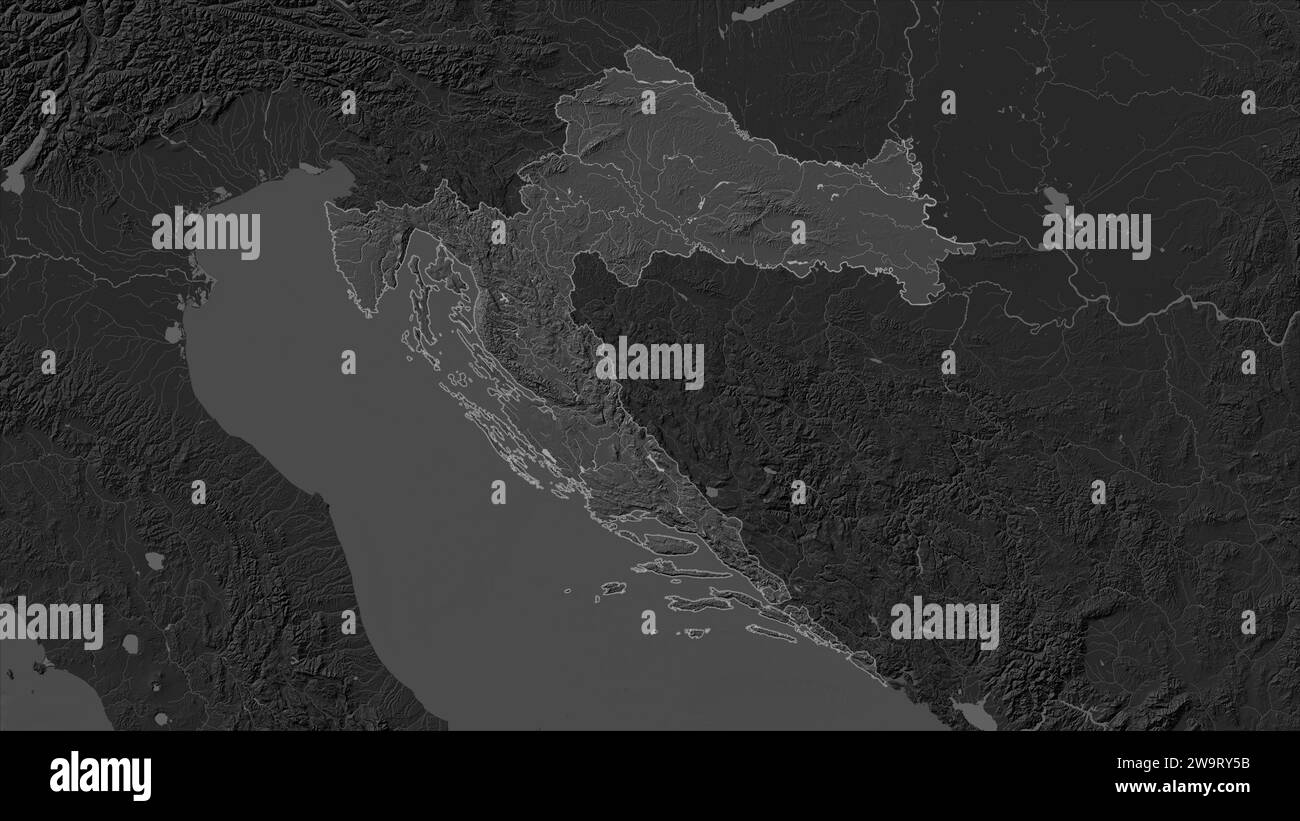 Croatia highlighted on a Bilevel elevation map with lakes and rivers ...