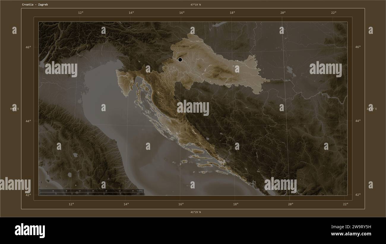 Croatia highlighted on a elevation map colored in sepia tones with ...