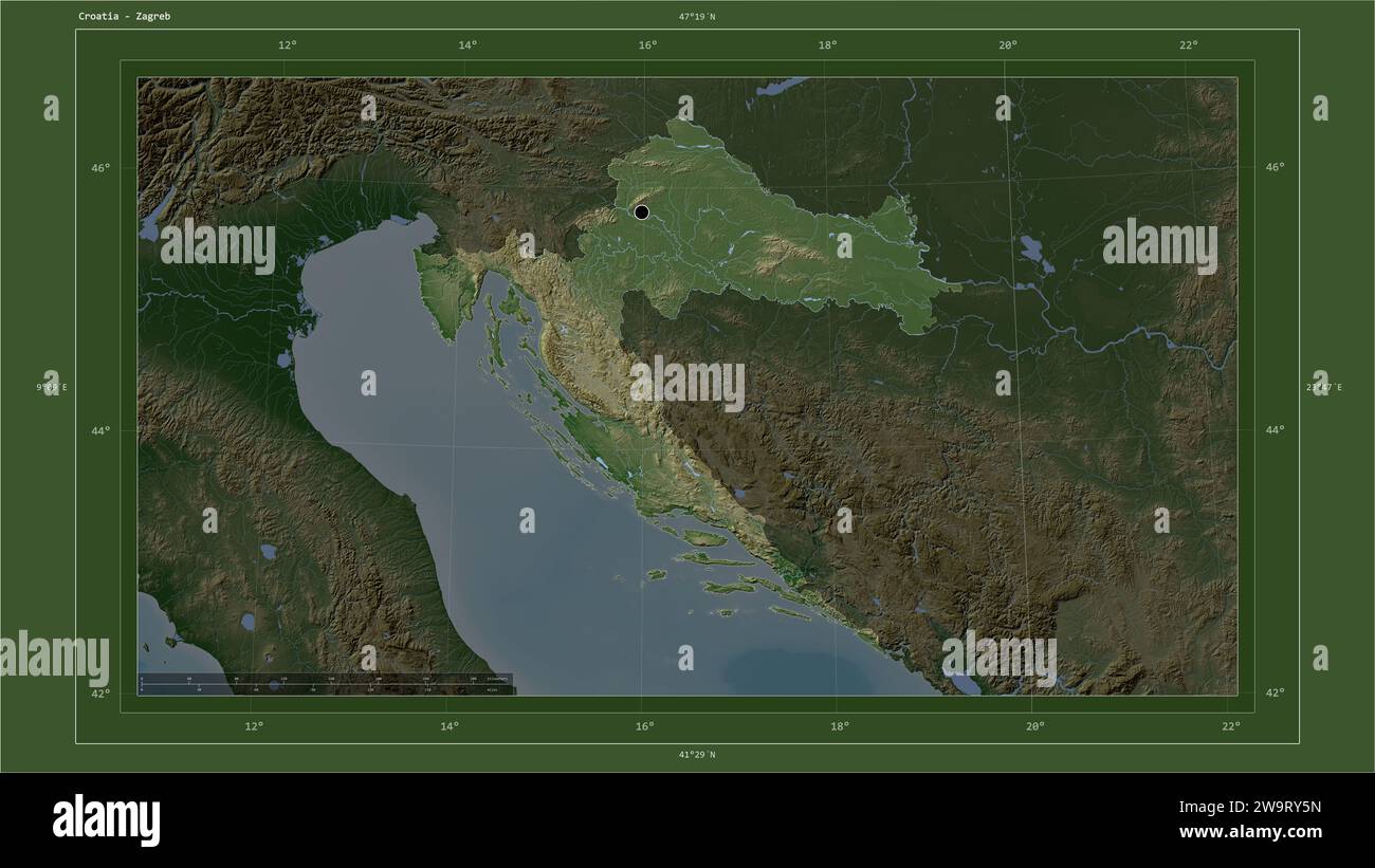Croatia highlighted on a Pale colored elevation map with lakes and ...