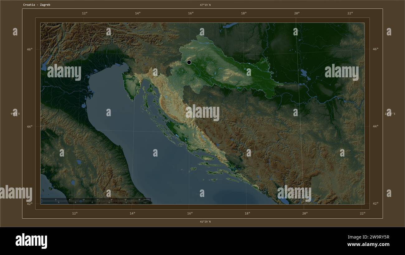 Croatia highlighted on a Colored elevation map with lakes and rivers ...