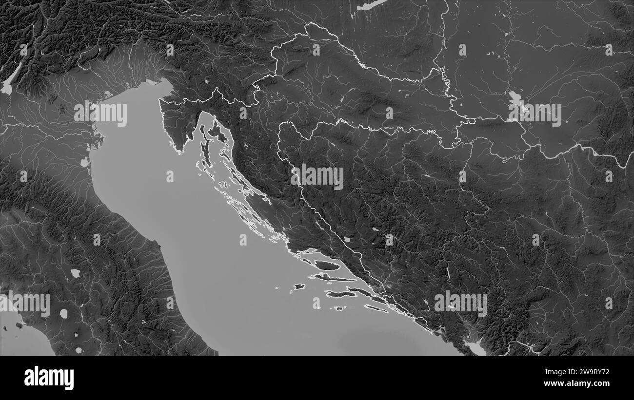 Croatia outlined on a Grayscale elevation map with lakes and rivers Stock Photo - Alamy