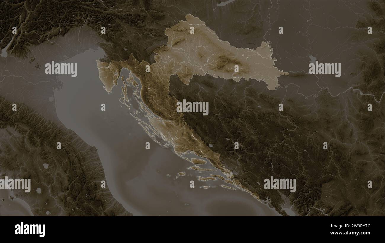 Croatia highlighted on a elevation map colored in sepia tones with ...