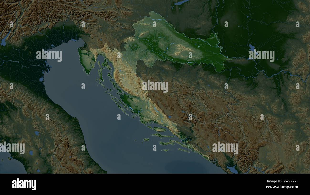 Croatia highlighted on a Colored elevation map with lakes and rivers ...