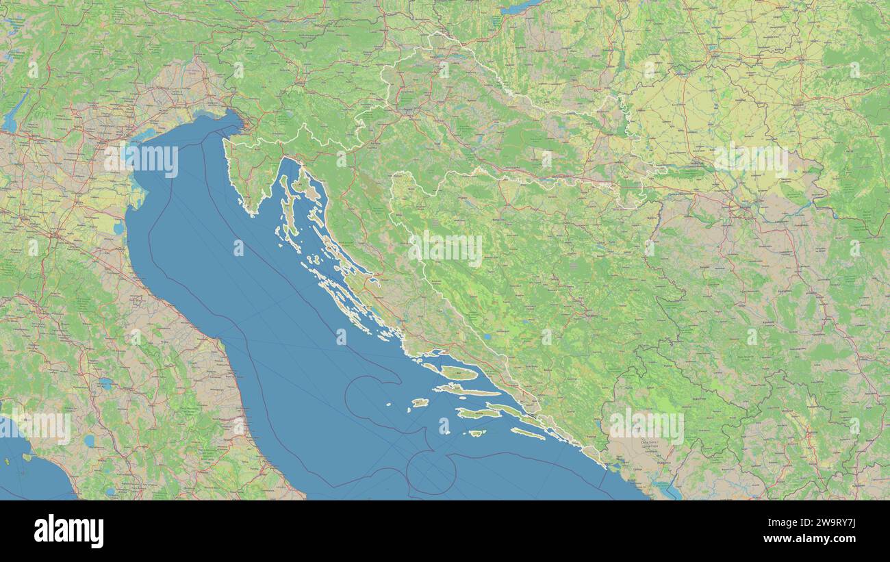 Croatia outlined on a topographic, OSM standard style map Stock Photo ...
