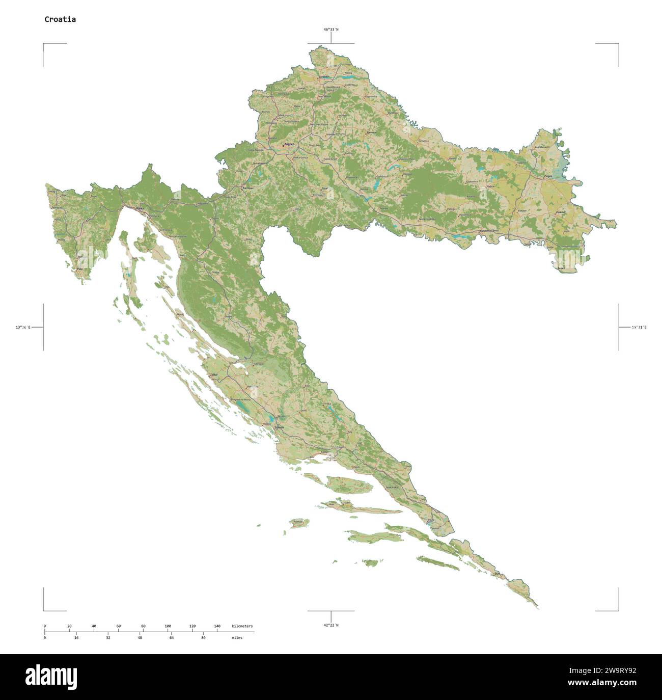 Shape of a topographic, OSM Humanitarian style map of the Croatia, with ...