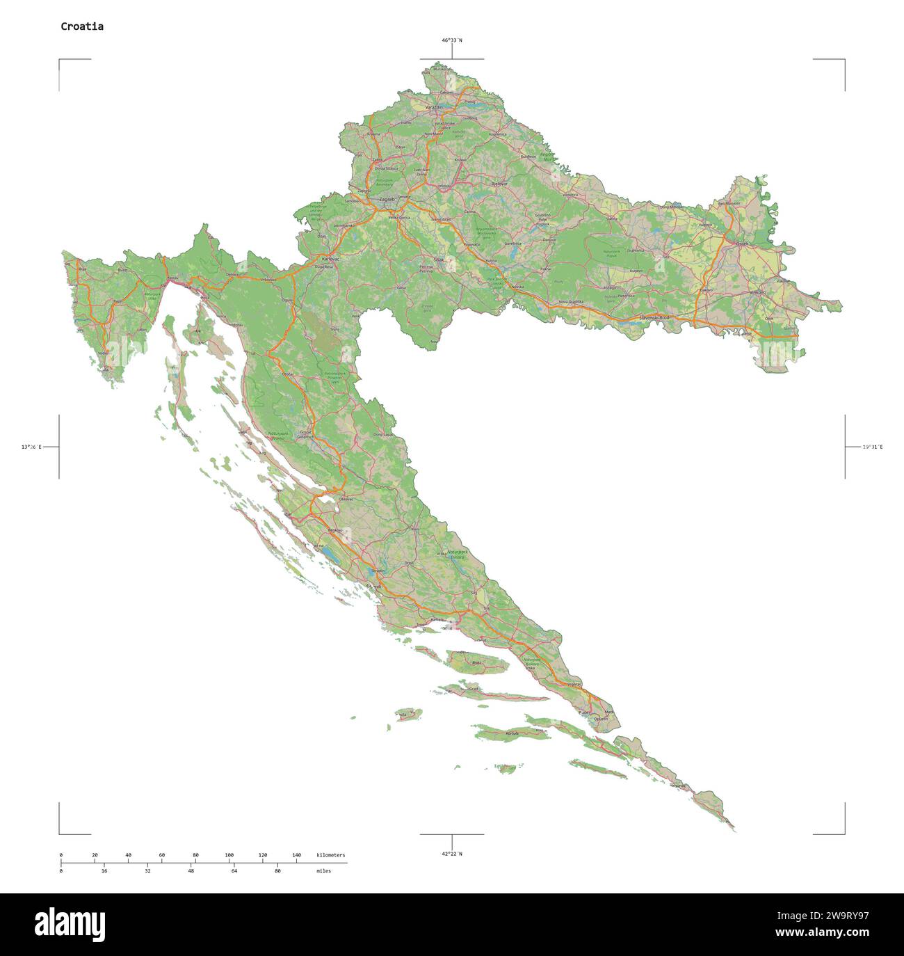 Shape of a topographic, OSM Germany style map of the Croatia, with distance scale and map border ...