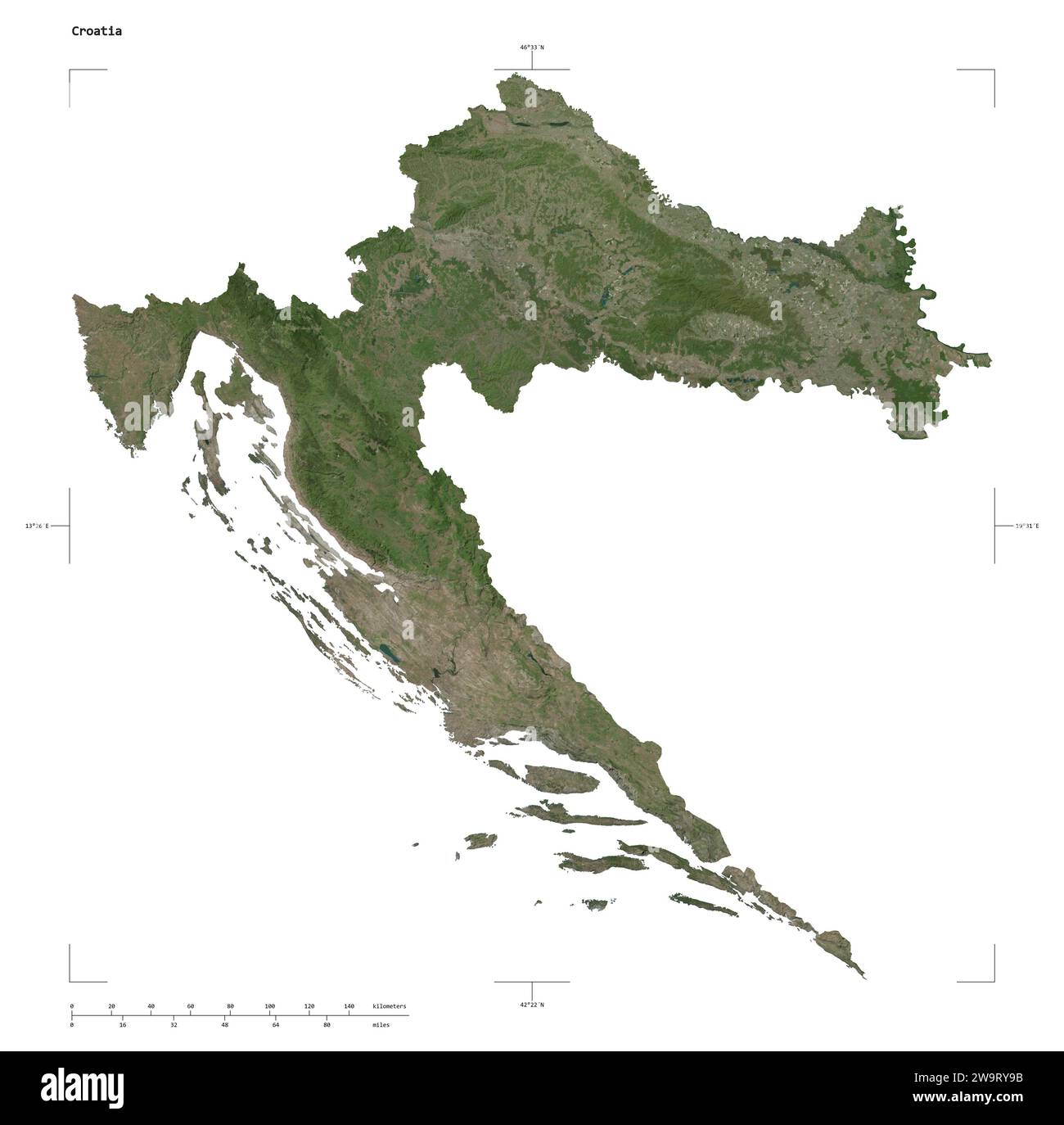 Shape of a high resolution satellite map of the Croatia, with distance ...