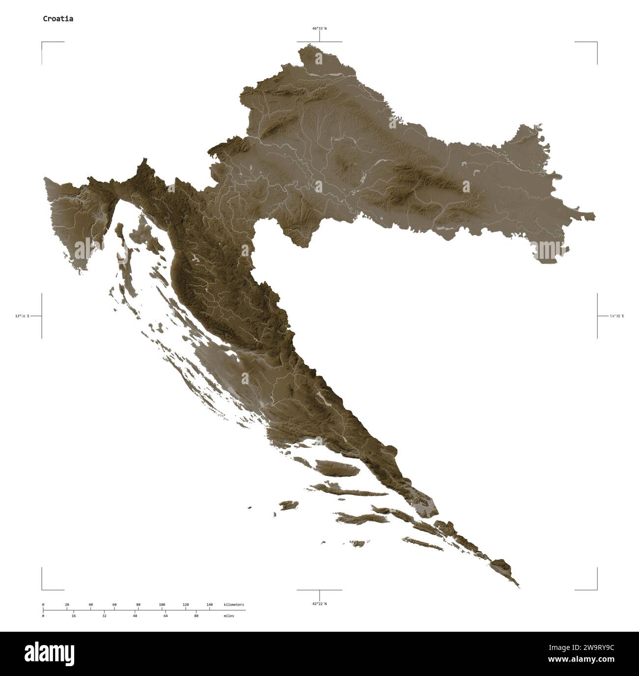 Shape of a elevation map colored in sepia tones with lakes and rivers ...