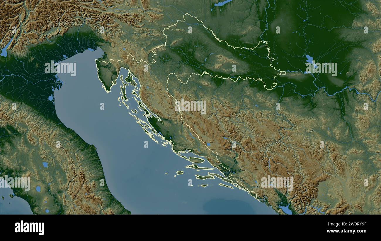Croatia outlined on a Colored elevation map with lakes and rivers Stock Photo - Alamy