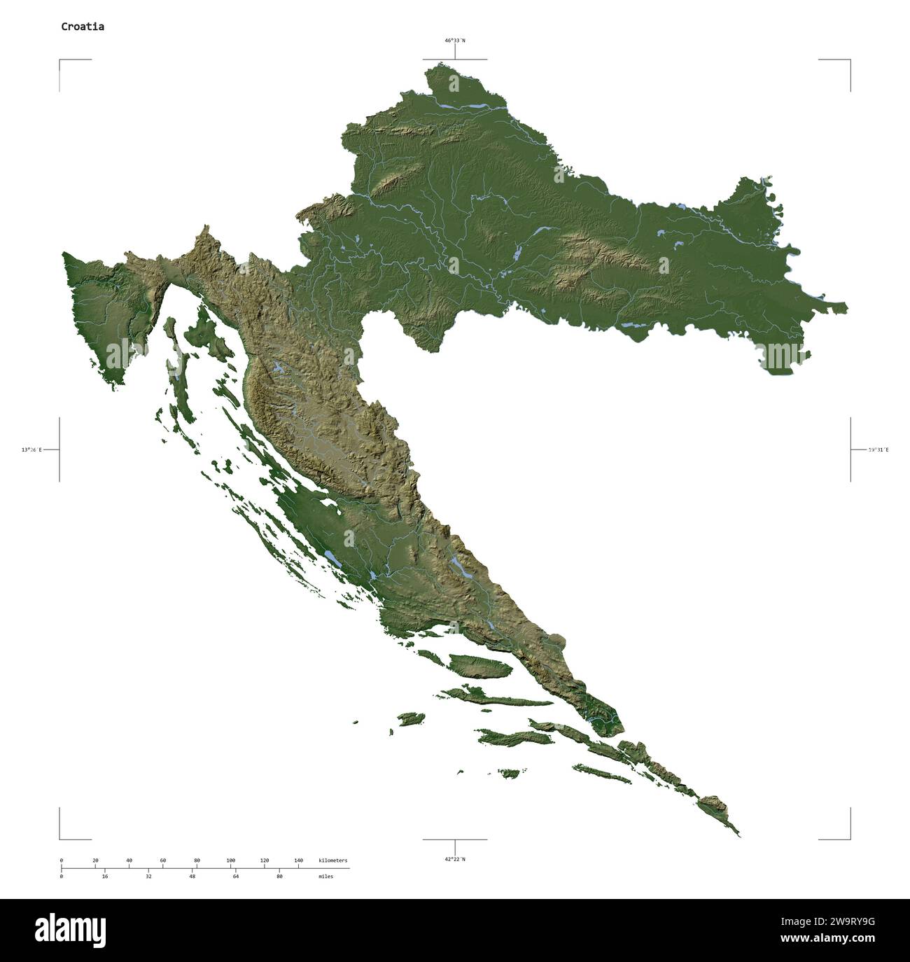 Shape of a Pale colored elevation map with lakes and rivers of the Croatia, with distance scale ...
