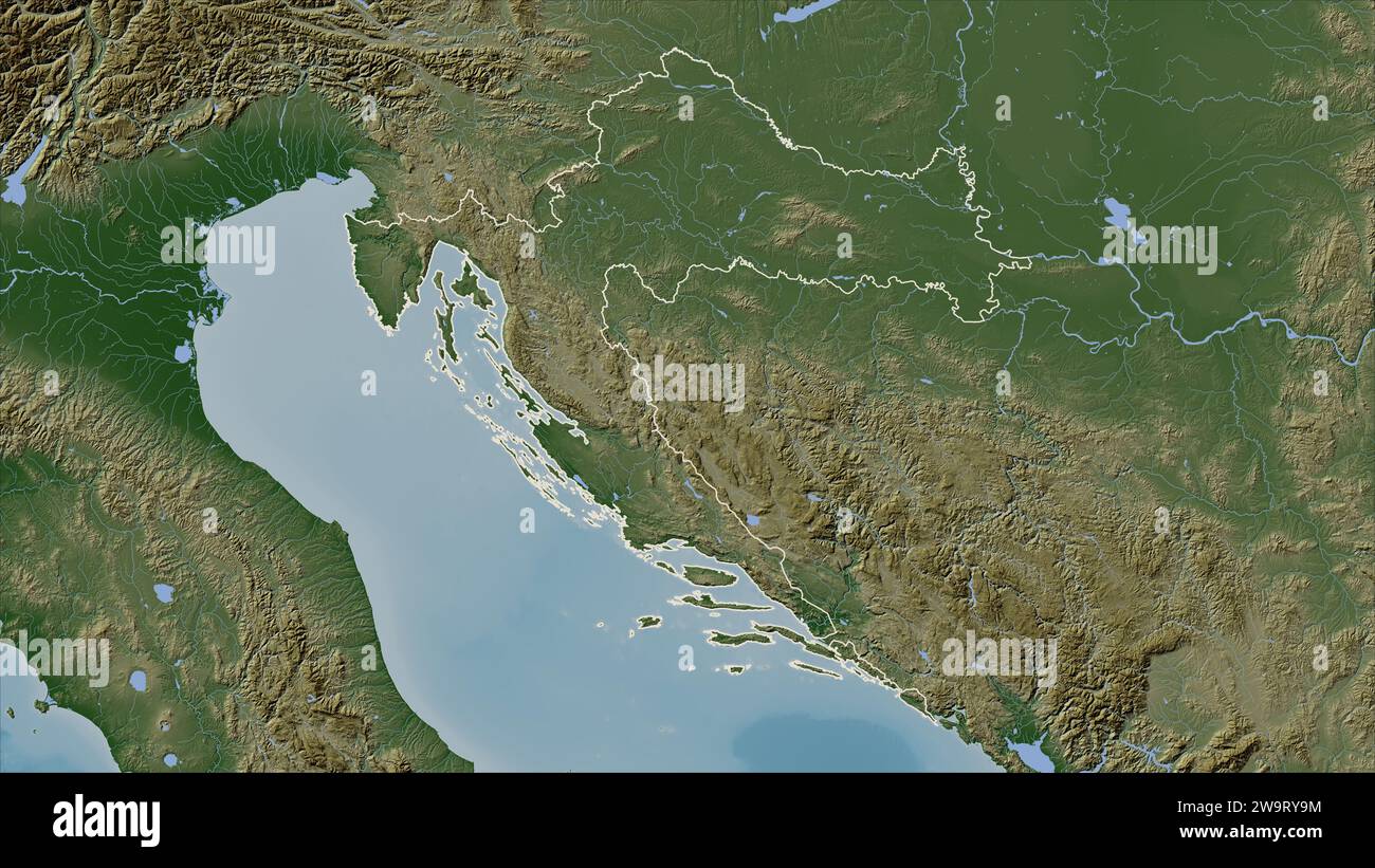 Croatia outlined on a Pale colored elevation map with lakes and rivers ...