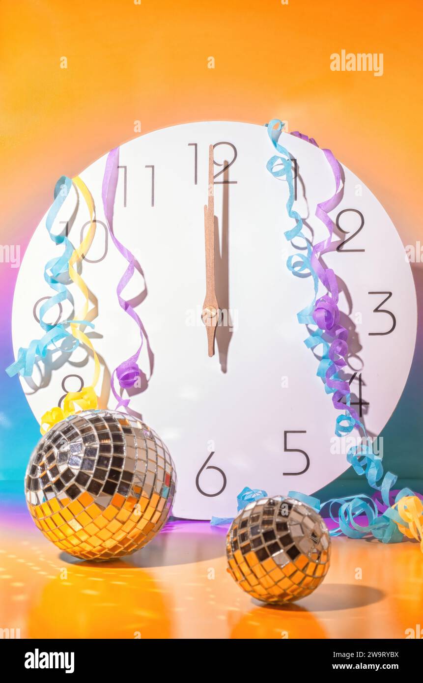 New Years Clock Countdown at 12 Midnight, A Disco Mirror Ball, Party ...