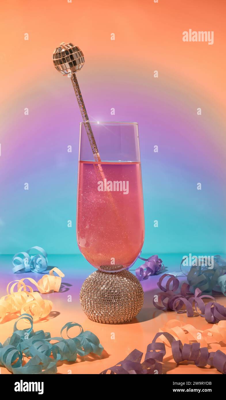 A Glass of Diamond Champagne with a Sparkly Gold Glitter Disco Ball ...