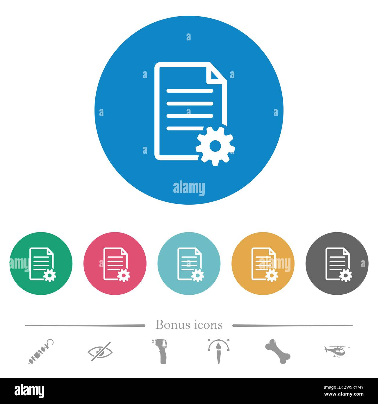 Document setup flat white icons on round color backgrounds. 6 bonus ...