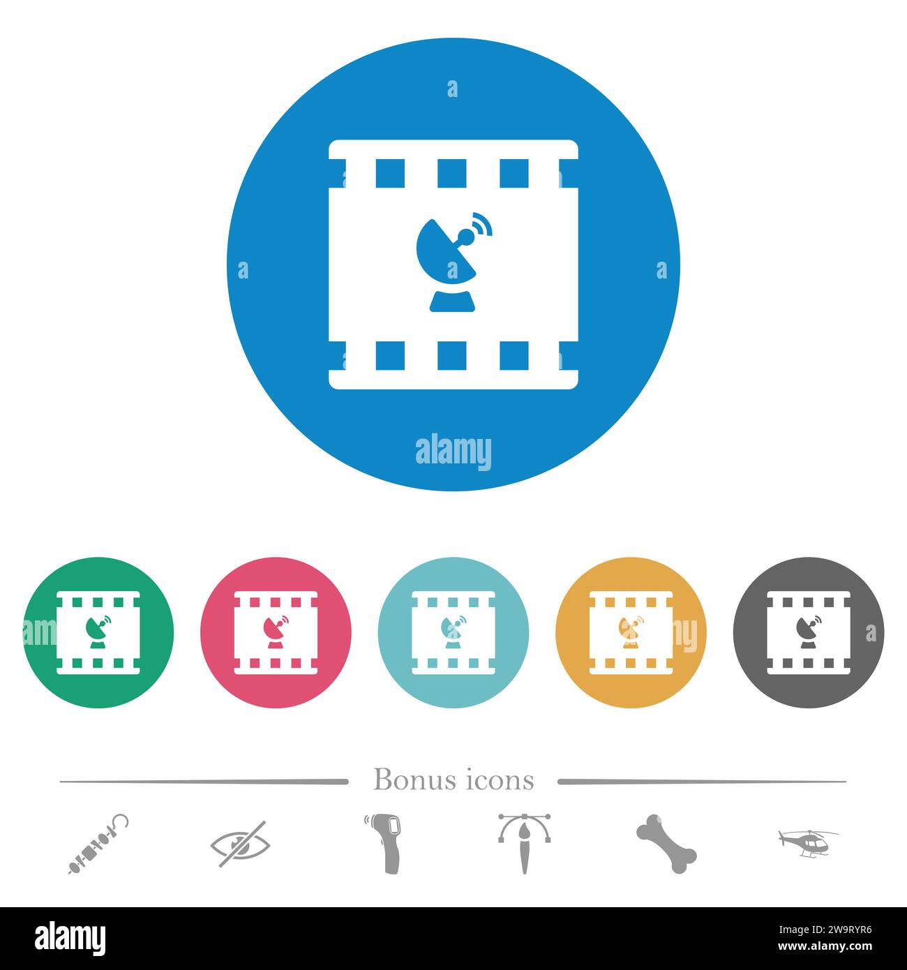 Movie broadcasting flat white icons on round color backgrounds. 6 bonus ...