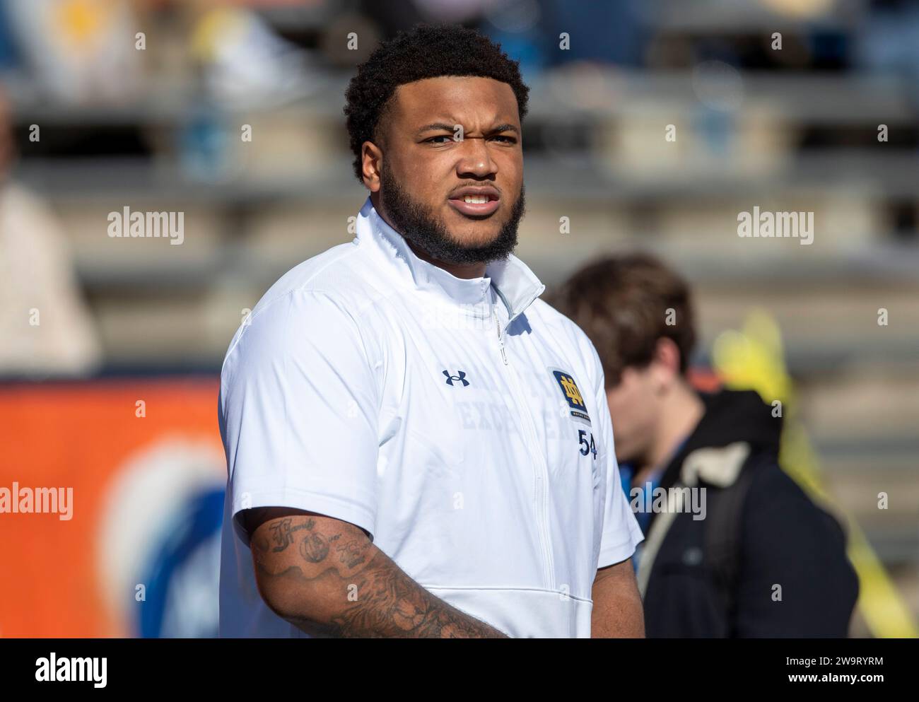 Notre Dame offensive lineman Blake Fisher watches the warmups of the ...