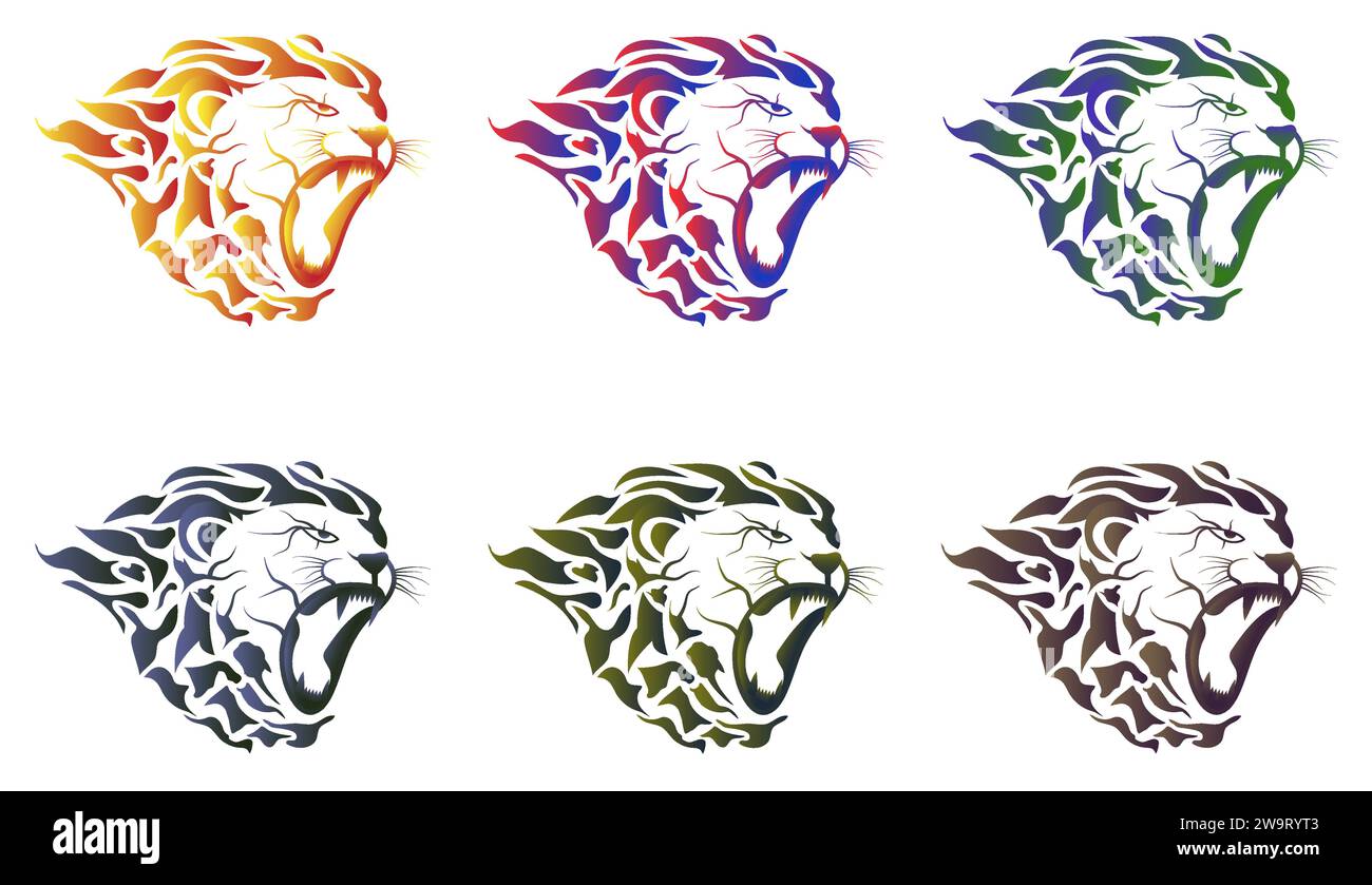 Set of colorful fire lion head logos. the lion opened his mouth Stock ...