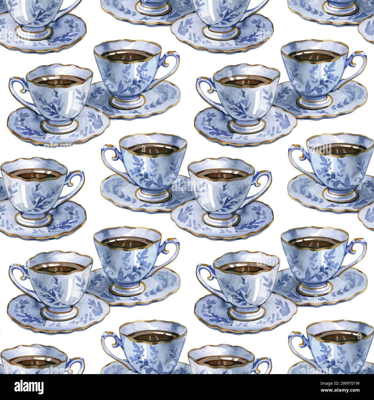 Hand painted watercolor seamless pattern with antique tea coffee cups ...