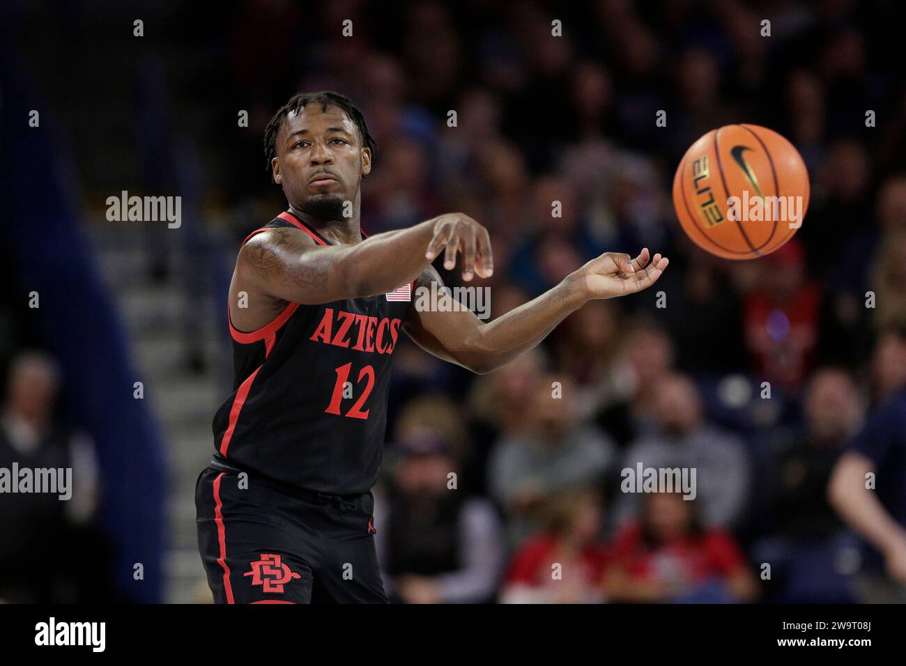 San Diego State guard Darrion Trammell passes the ball during the first ...