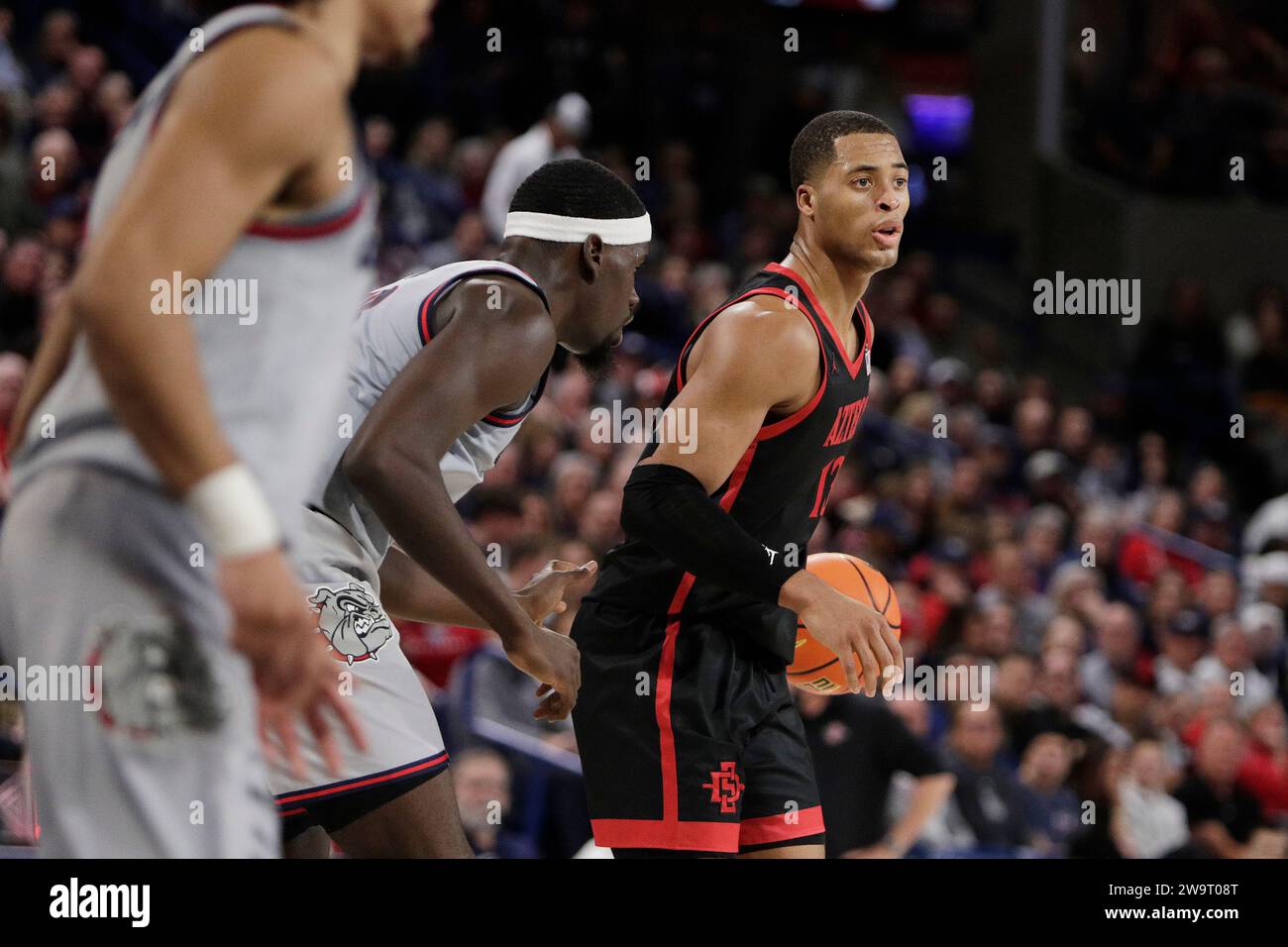 San Diego State forward Jaedon LeDee, right, controls the ball while ...