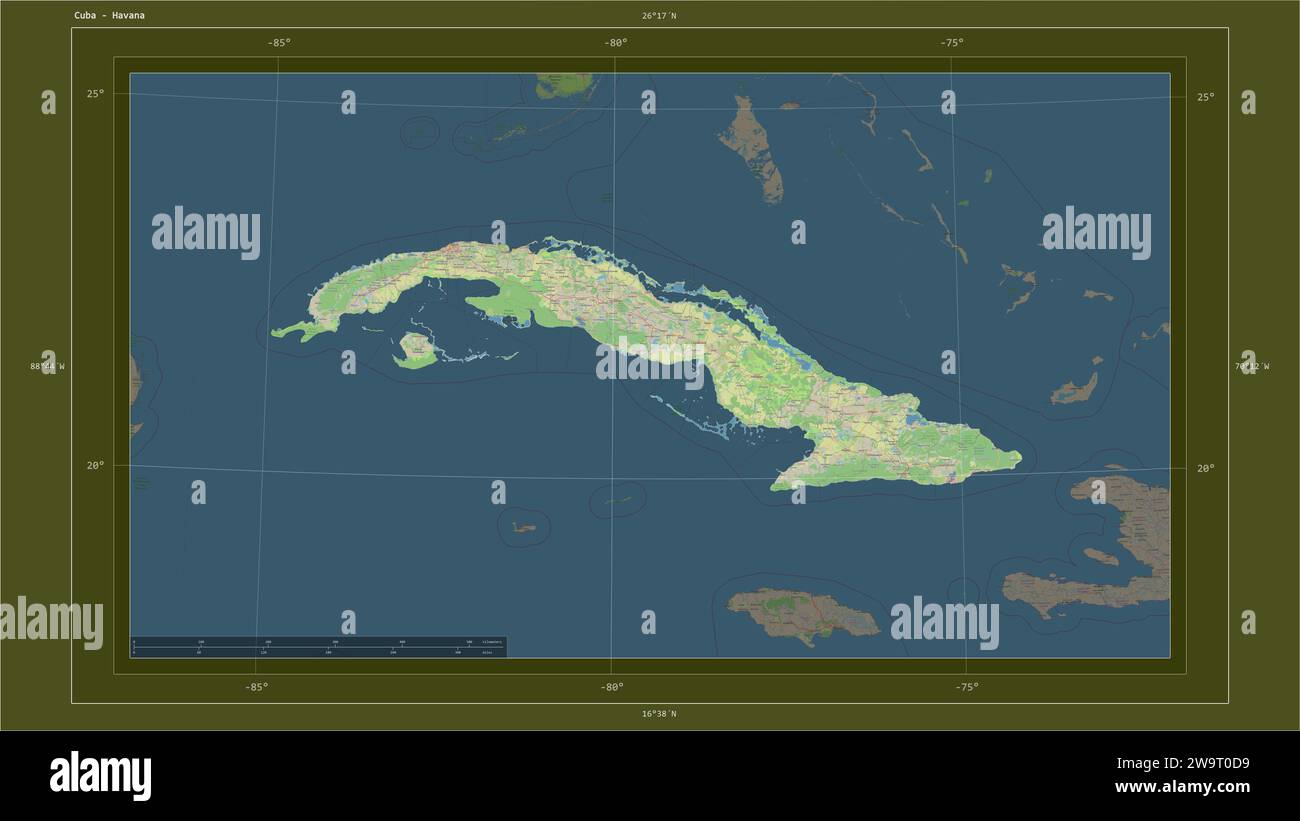 Cuba highlighted on a topographic, OSM standard style map map with the ...