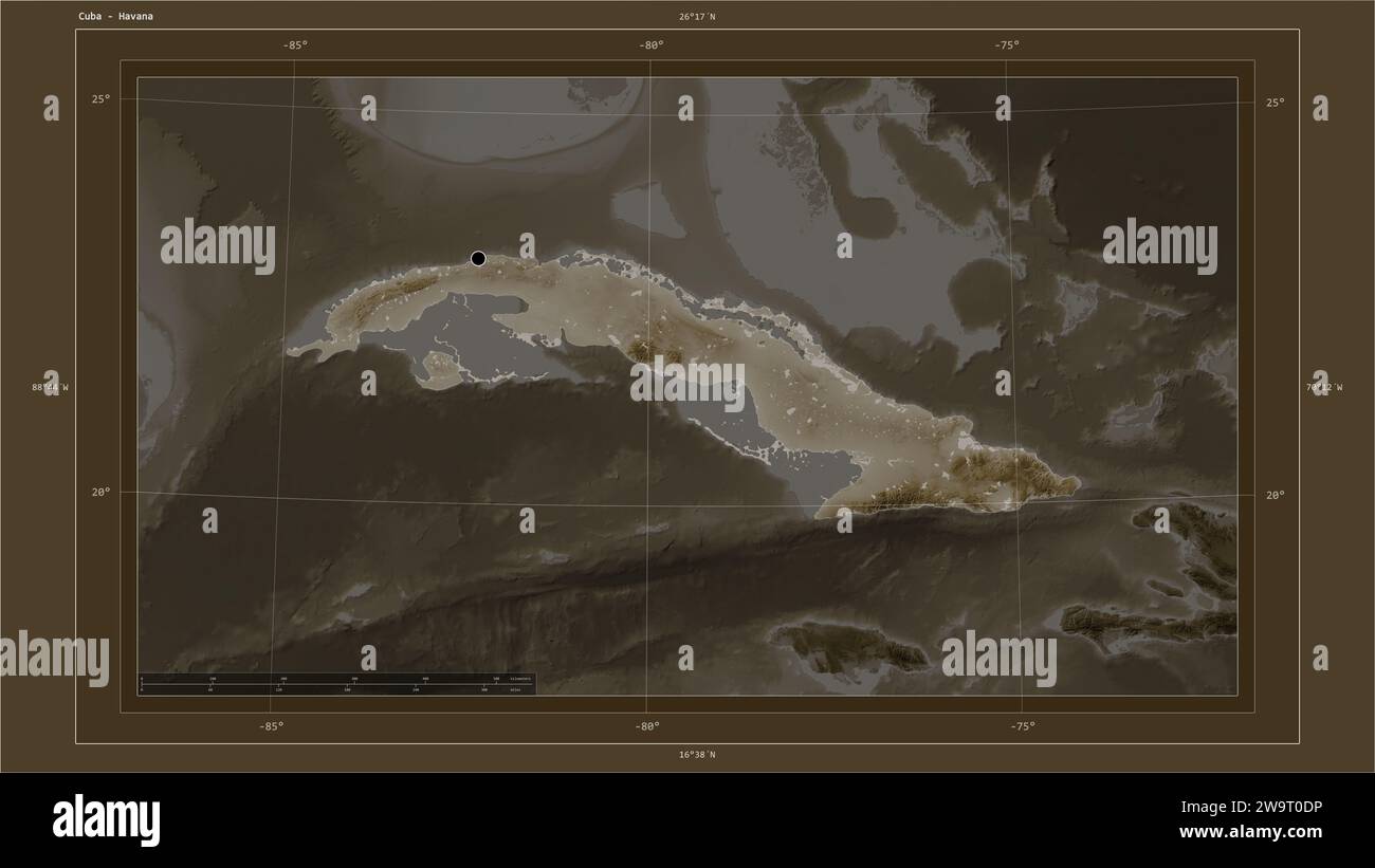 Cuba highlighted on a elevation map colored in sepia tones with lakes ...