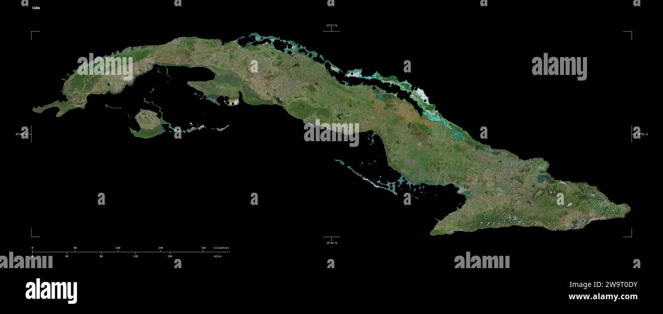 Shape of a high resolution satellite map of the Cuba, with distance ...
