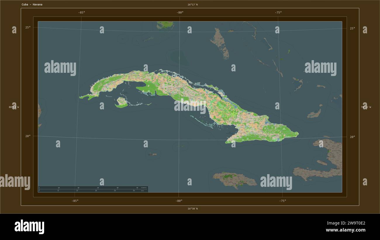 Cuba highlighted on a topographic, OSM France style map map with the ...