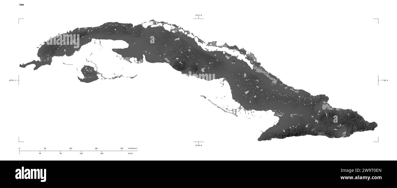 Shape of a Grayscale elevation map with lakes and rivers of the Cuba, with distance scale and ...