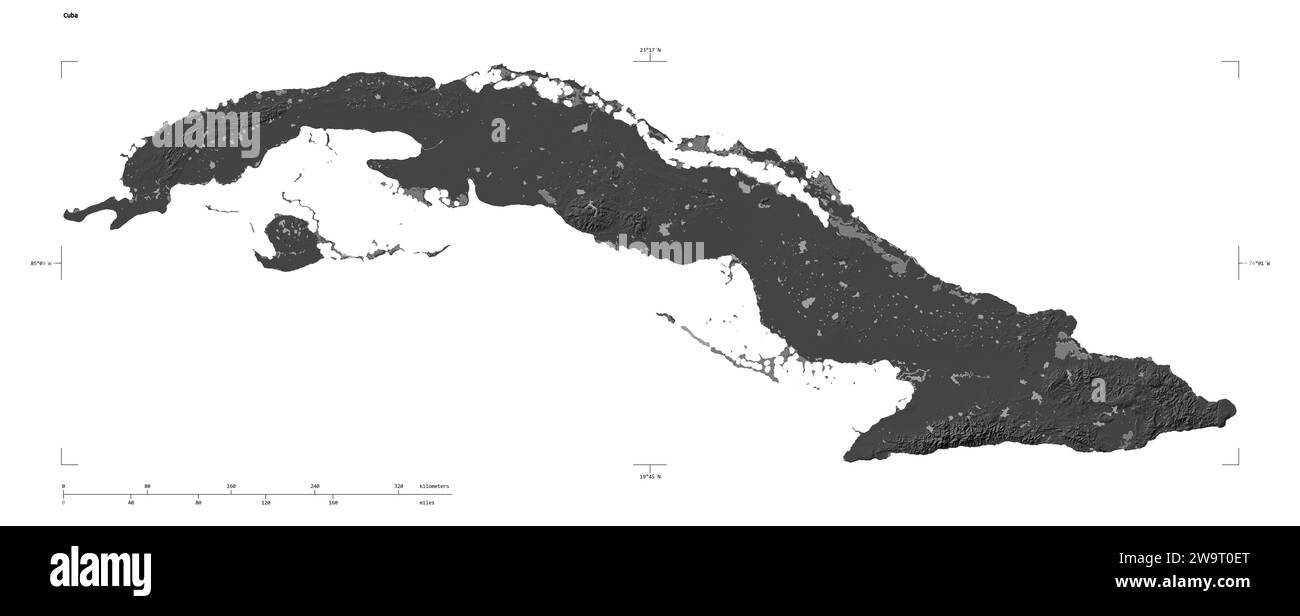 Shape of a Bilevel elevation map with lakes and rivers of the Cuba, with distance scale and map ...