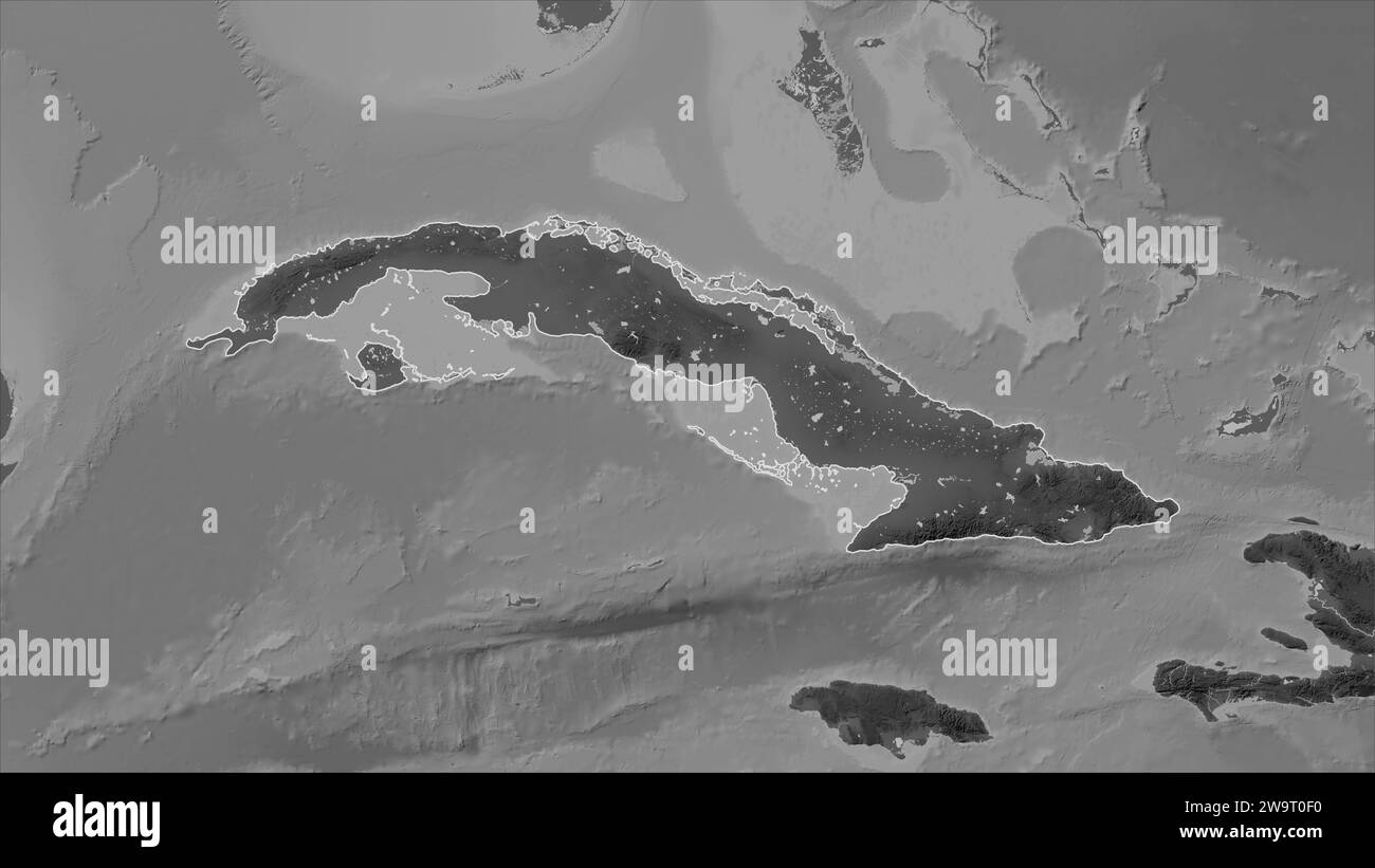 Cuba outlined on a Grayscale elevation map with lakes and rivers Stock ...