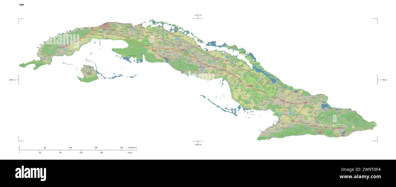 Shape of a topographic, OSM Germany style map of the Cuba, with distance scale and map border ...