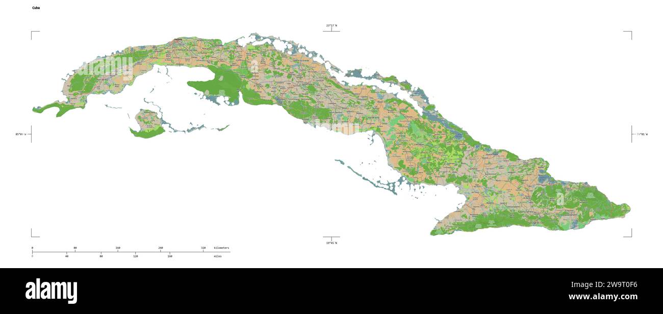 Shape of a topographic, OSM France style map of the Cuba, with distance ...