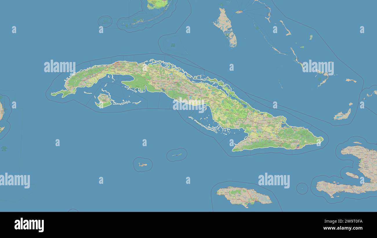 Cuba outlined on a topographic, OSM standard style map Stock Photo - Alamy