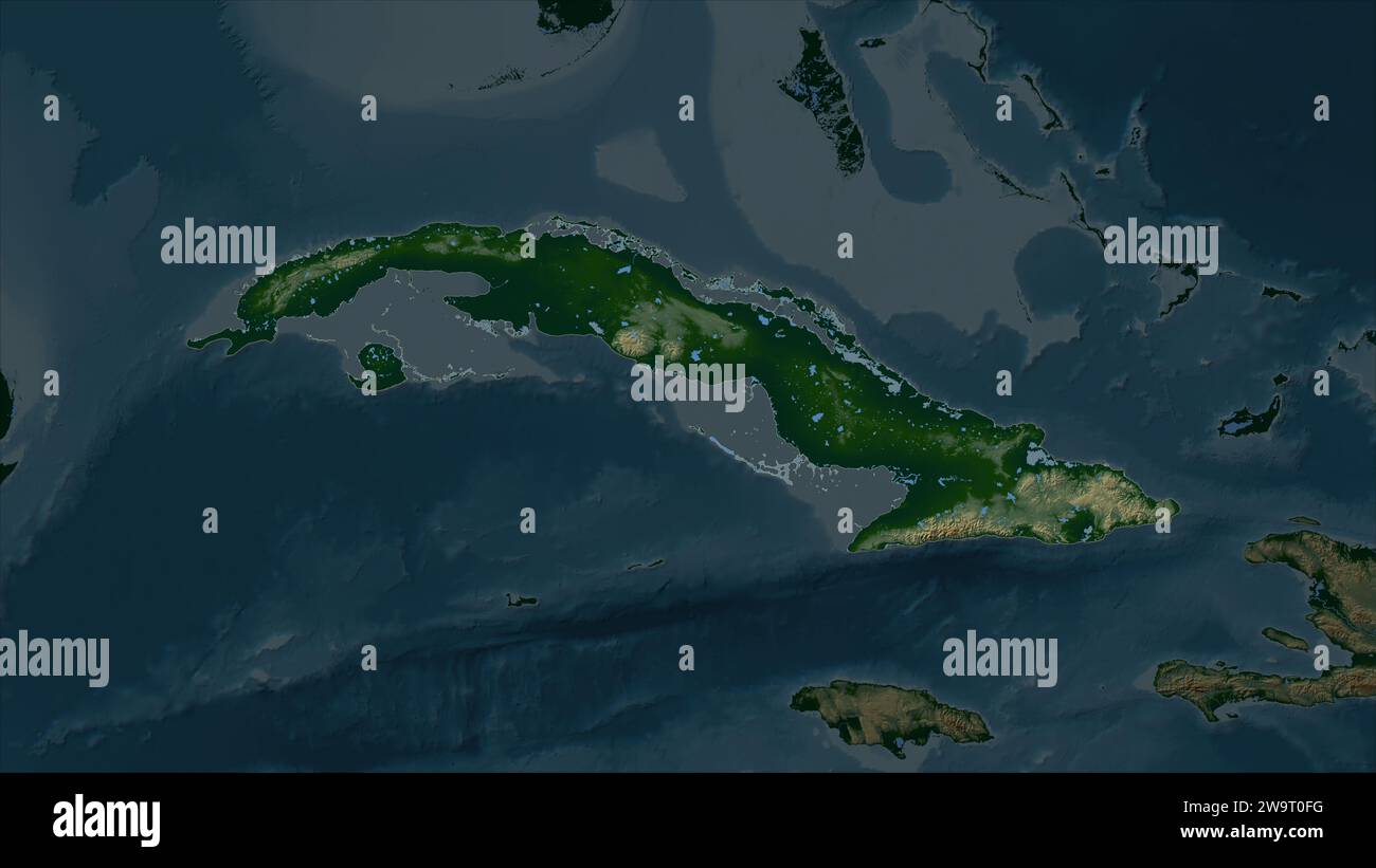 Cuba highlighted on a Colored elevation map with lakes and rivers Stock ...