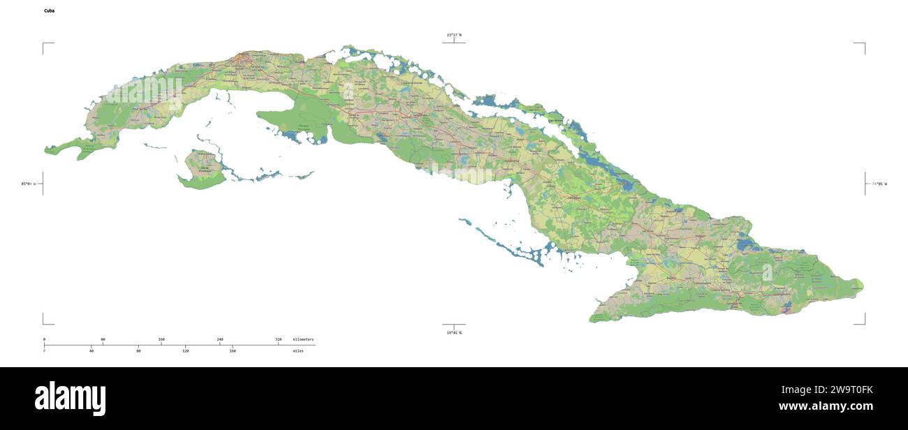 Shape of a topographic, OSM standard style map of the Cuba, with distance scale and map border ...
