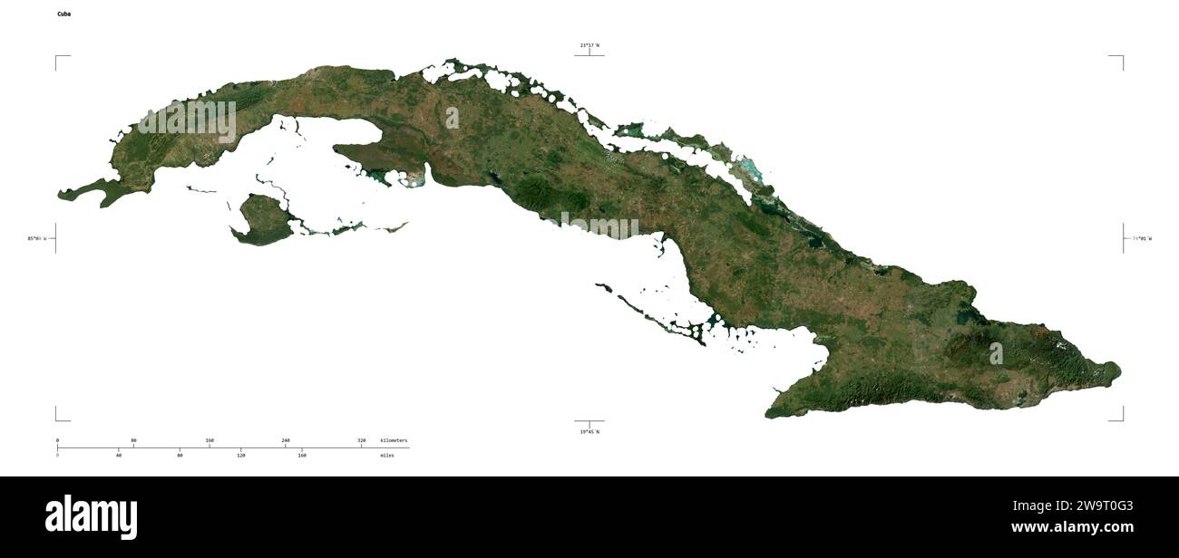 Shape of a low resolution satellite map of the Cuba, with distance ...