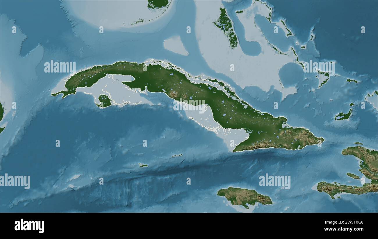 Cuba outlined on a Pale colored elevation map with lakes and rivers ...