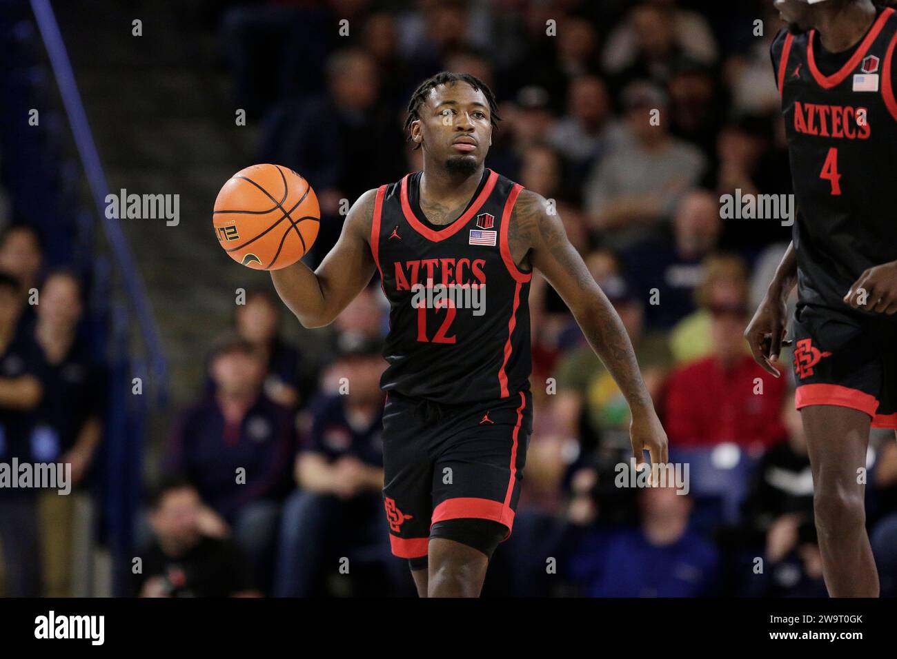 San Diego State guard Darrion Trammell (12) controls the ball during ...