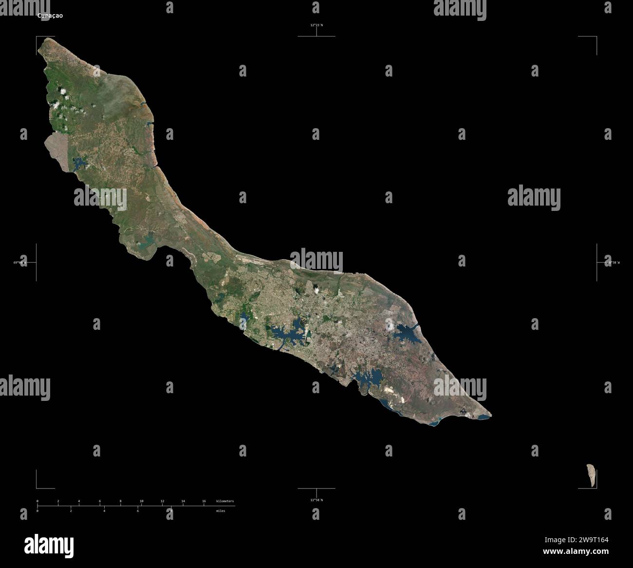 Shape of a high resolution satellite map of the Curacao, with distance ...