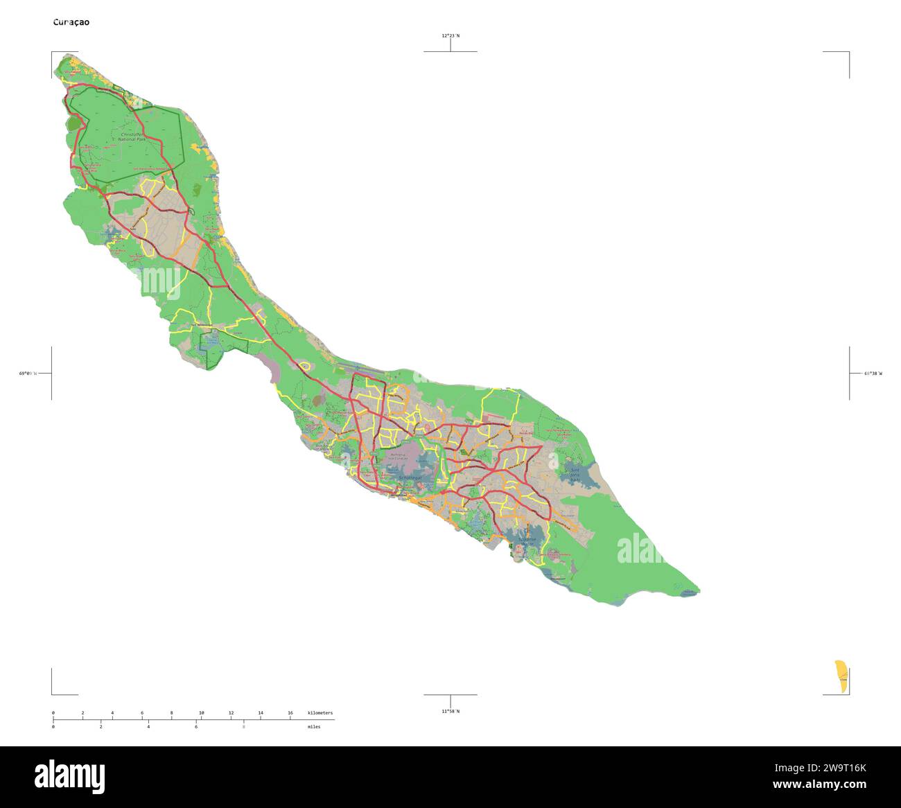 Shape of a topographic, OSM France style map of the Curacao, with ...