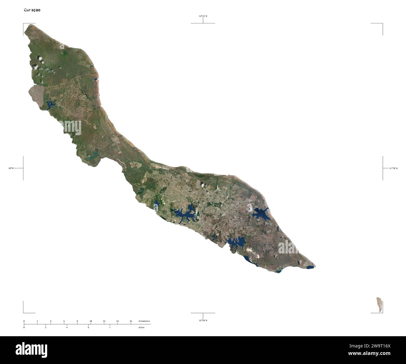 Shape of a low resolution satellite map of the Curacao, with distance ...