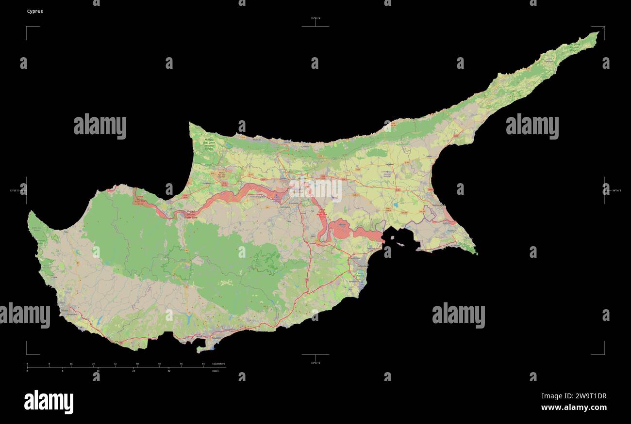 Shape of a topographic, OSM standard style map of the Cyprus, with distance scale and map border ...