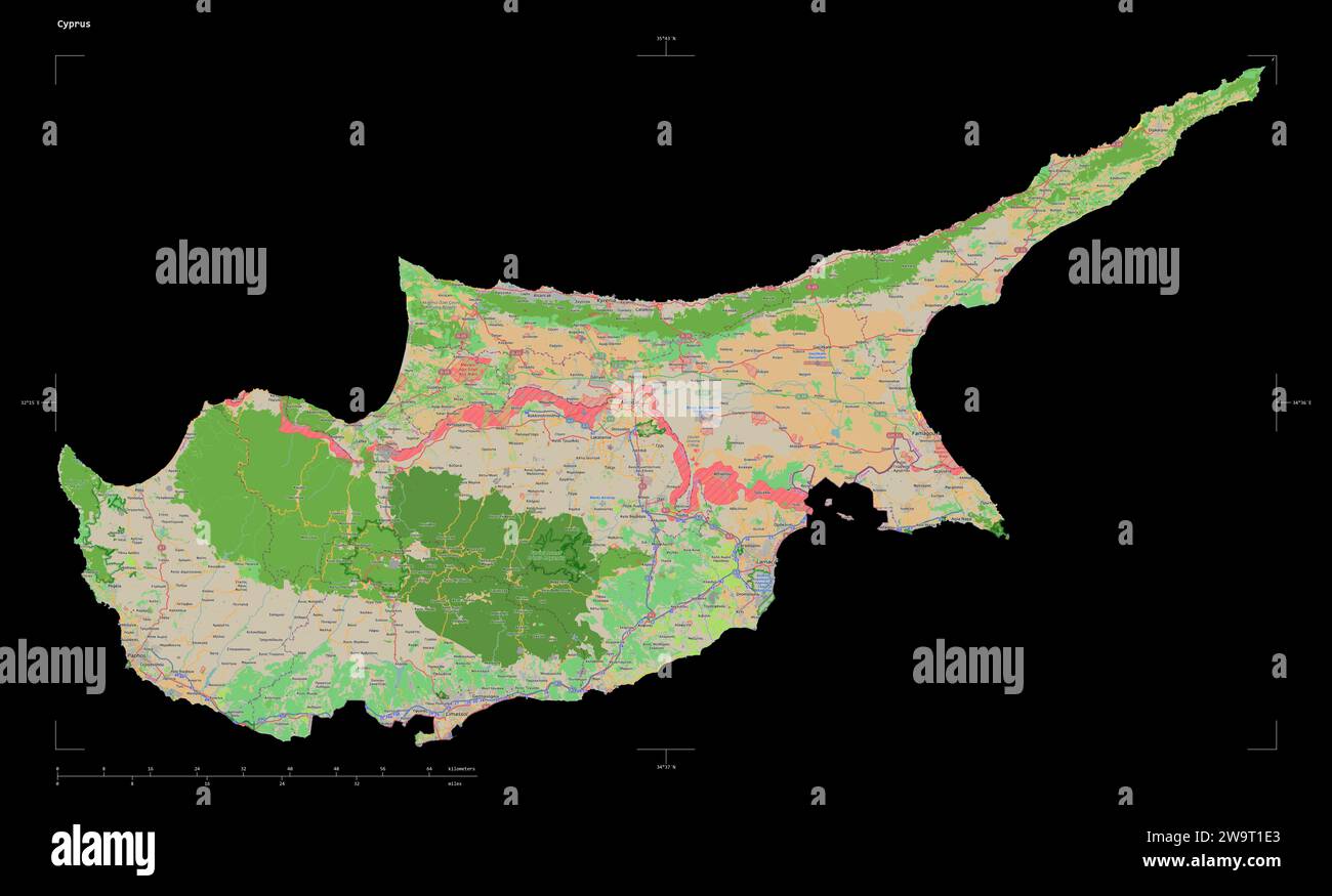 Shape of a topographic, OSM France style map of the Cyprus, with ...