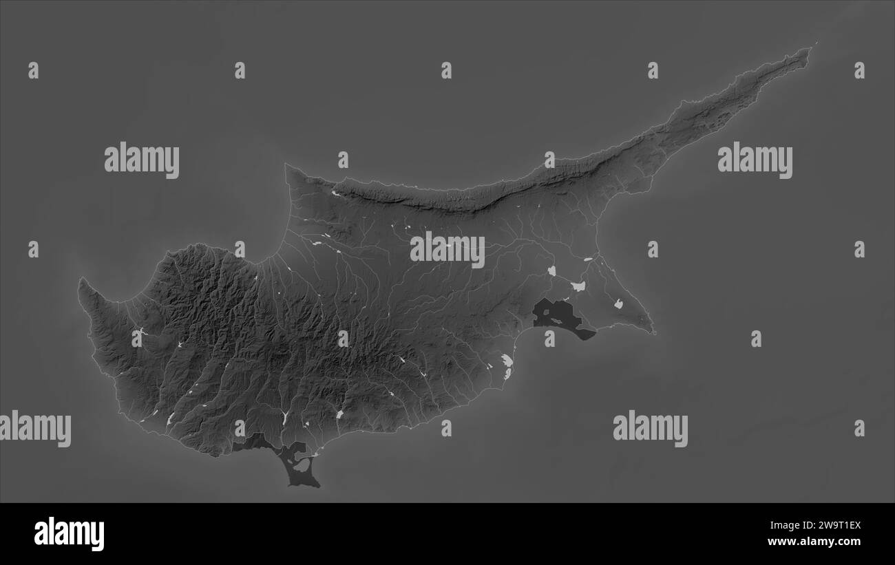 Cyprus highlighted on a Grayscale elevation map with lakes and rivers ...